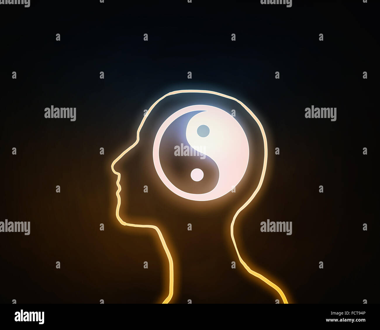Human head with yin yang icon on dark background Stock Photo - Alamy