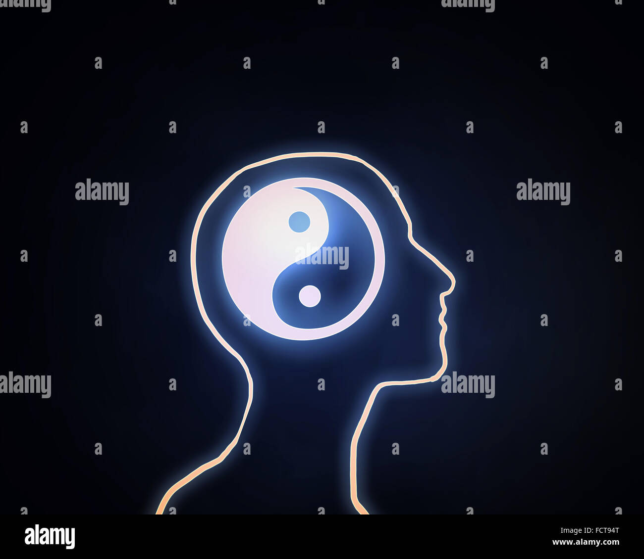 Human head with yin yang icon on dark background Stock Photo - Alamy