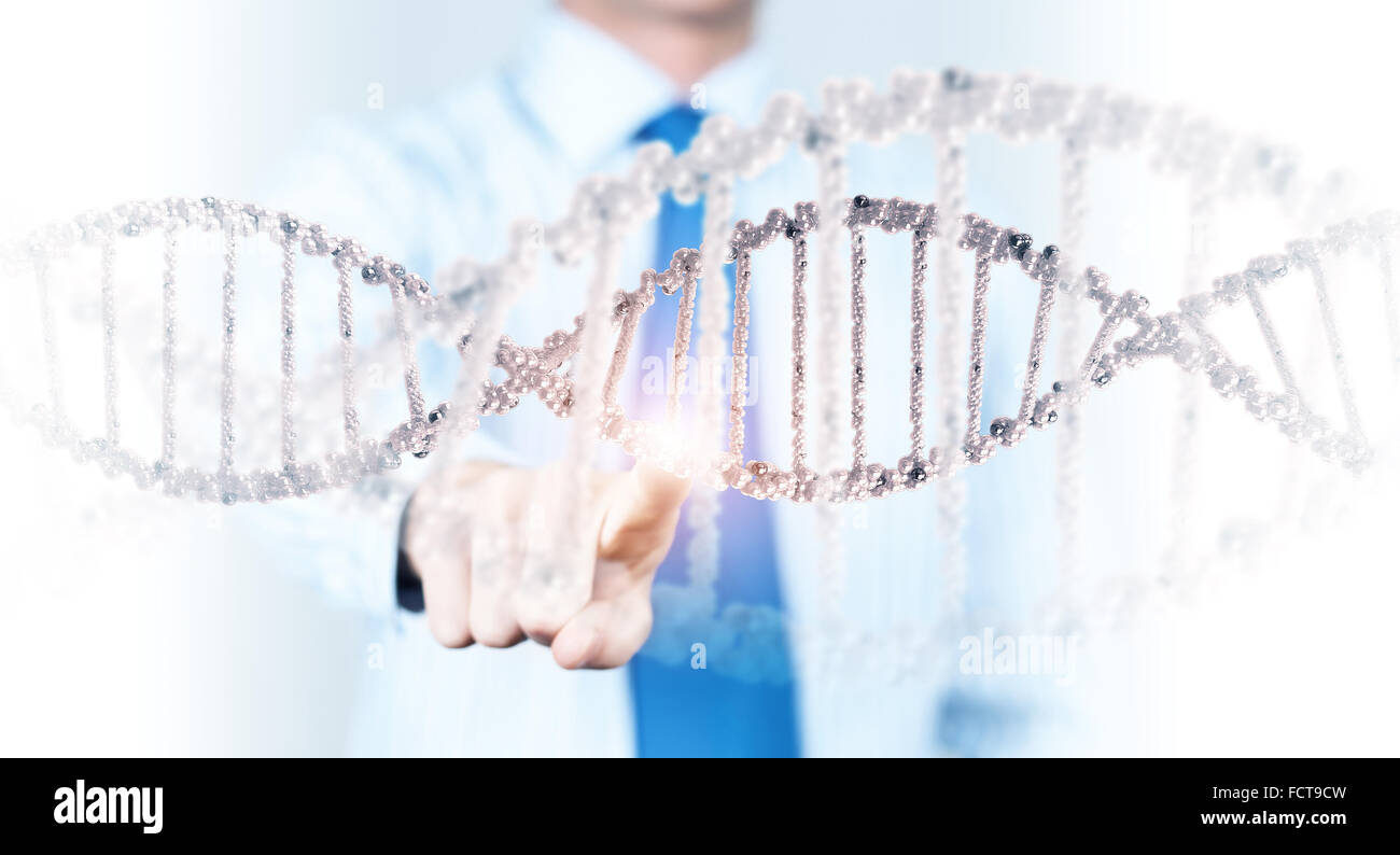 Science concept image of human hand touching DNA molecule Stock Photo ...