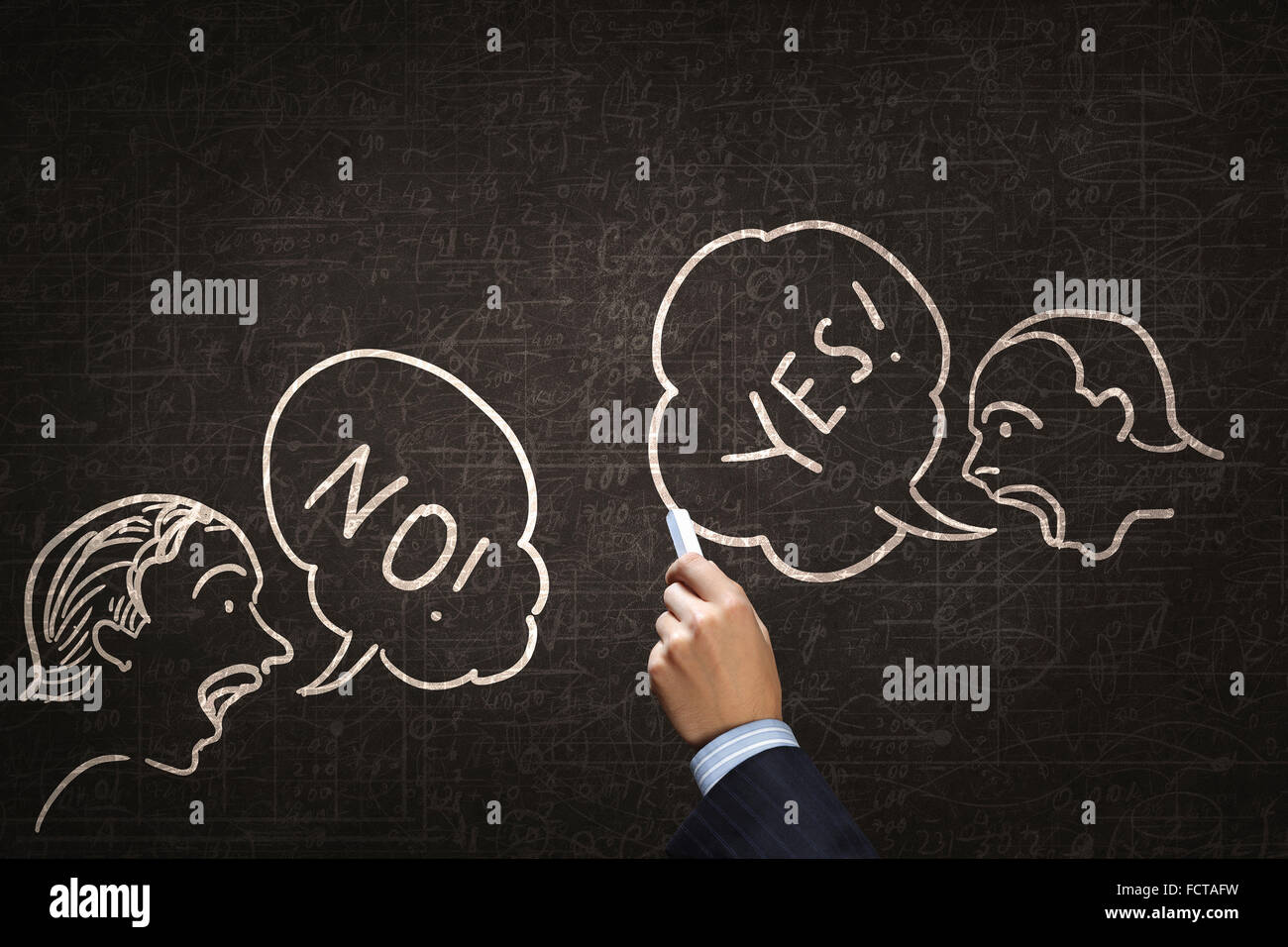 Close up of hand drawing dialogue between two on black wall Stock Photo ...