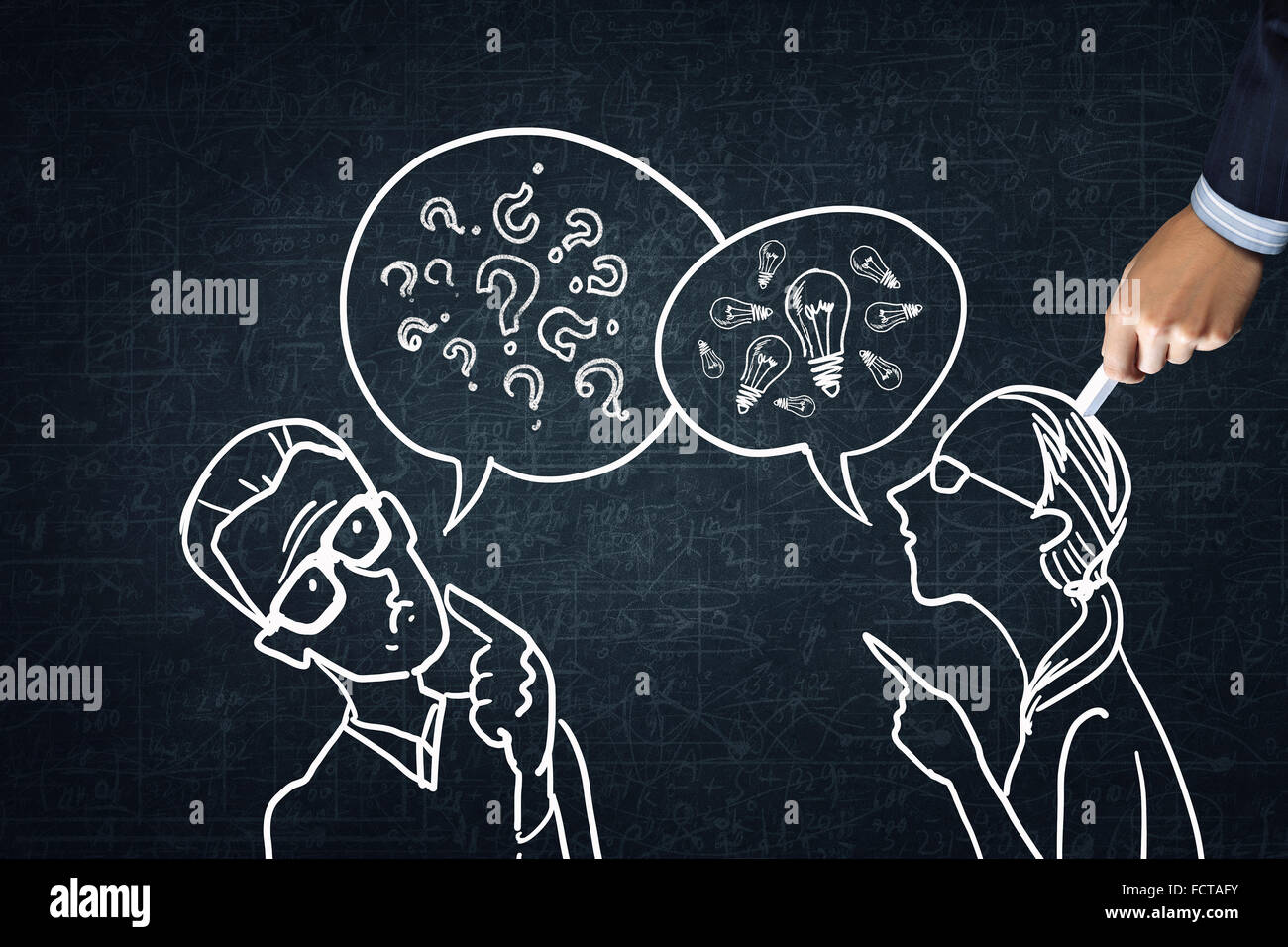 Close up of hand drawing dialogue between two on black wall Stock Photo ...