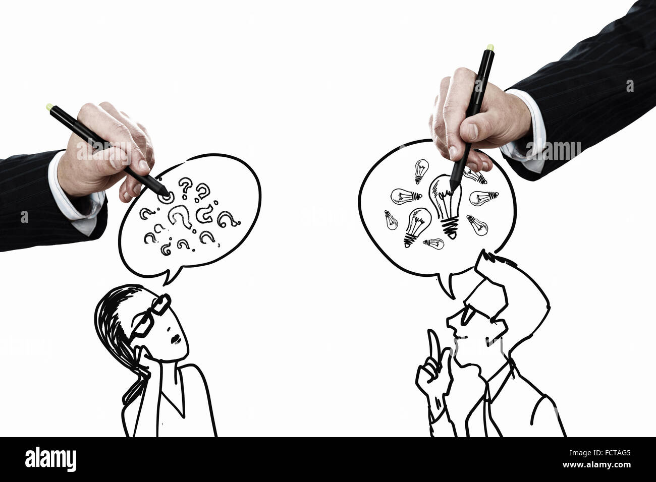 Close up of hand drawing dialogue between two on white background Stock ...