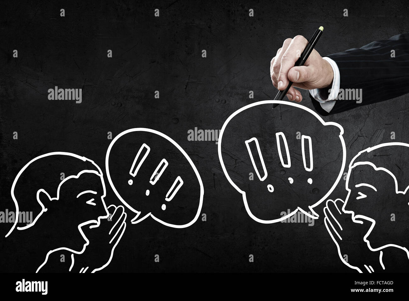Close up of hand drawing dialogue between two on black wall Stock Photo ...