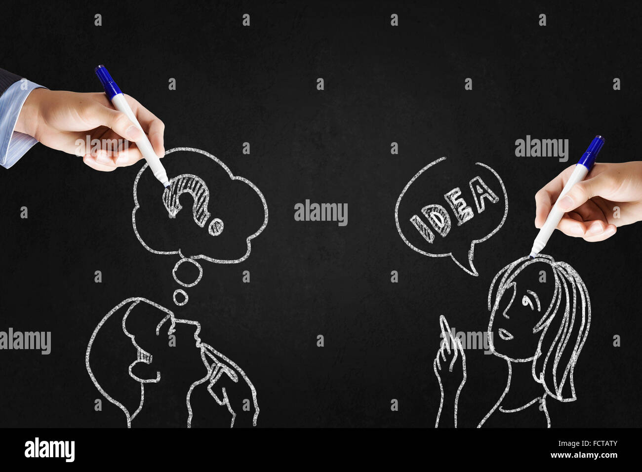 Close up of hand drawing dialogue between two on black wall Stock Photo ...