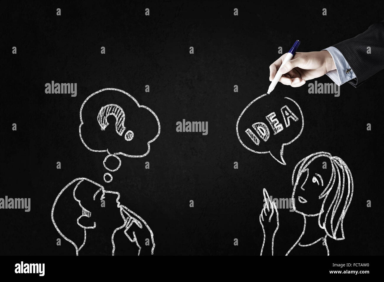 Close up of hand drawing dialogue between two on black wall Stock Photo ...