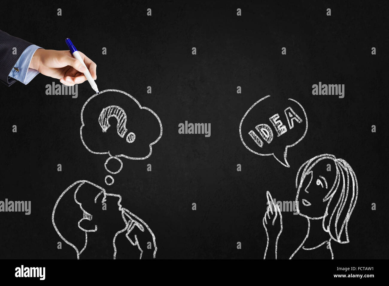 Close up of hand drawing dialogue between two on black wall Stock Photo ...