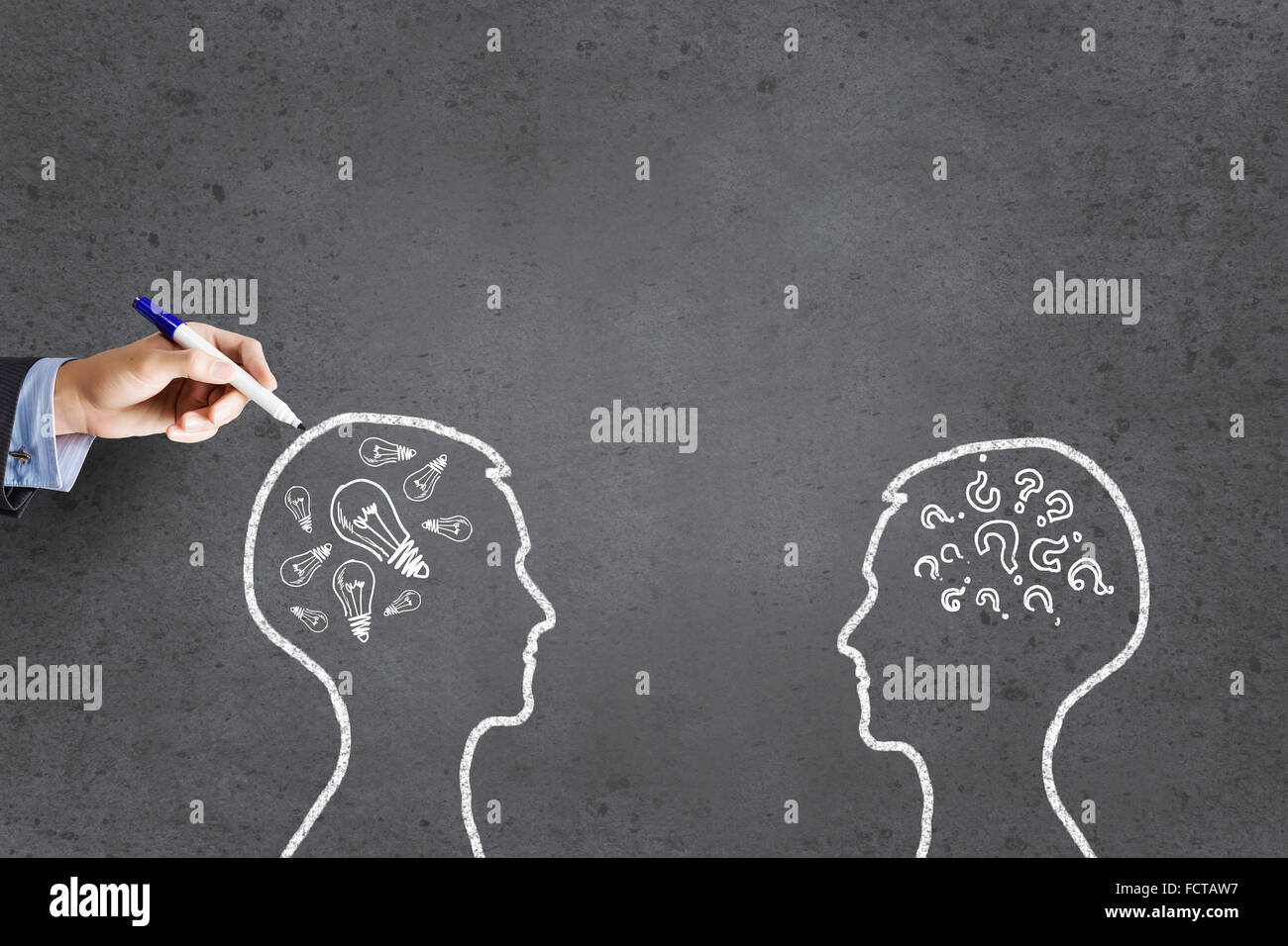 Close up of hand drawing dialogue between two on gray wall Stock Photo ...