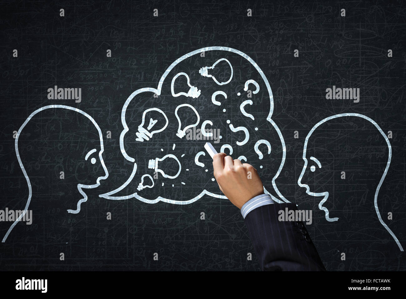 Close up of hand drawing dialogue between two on black wall Stock Photo ...