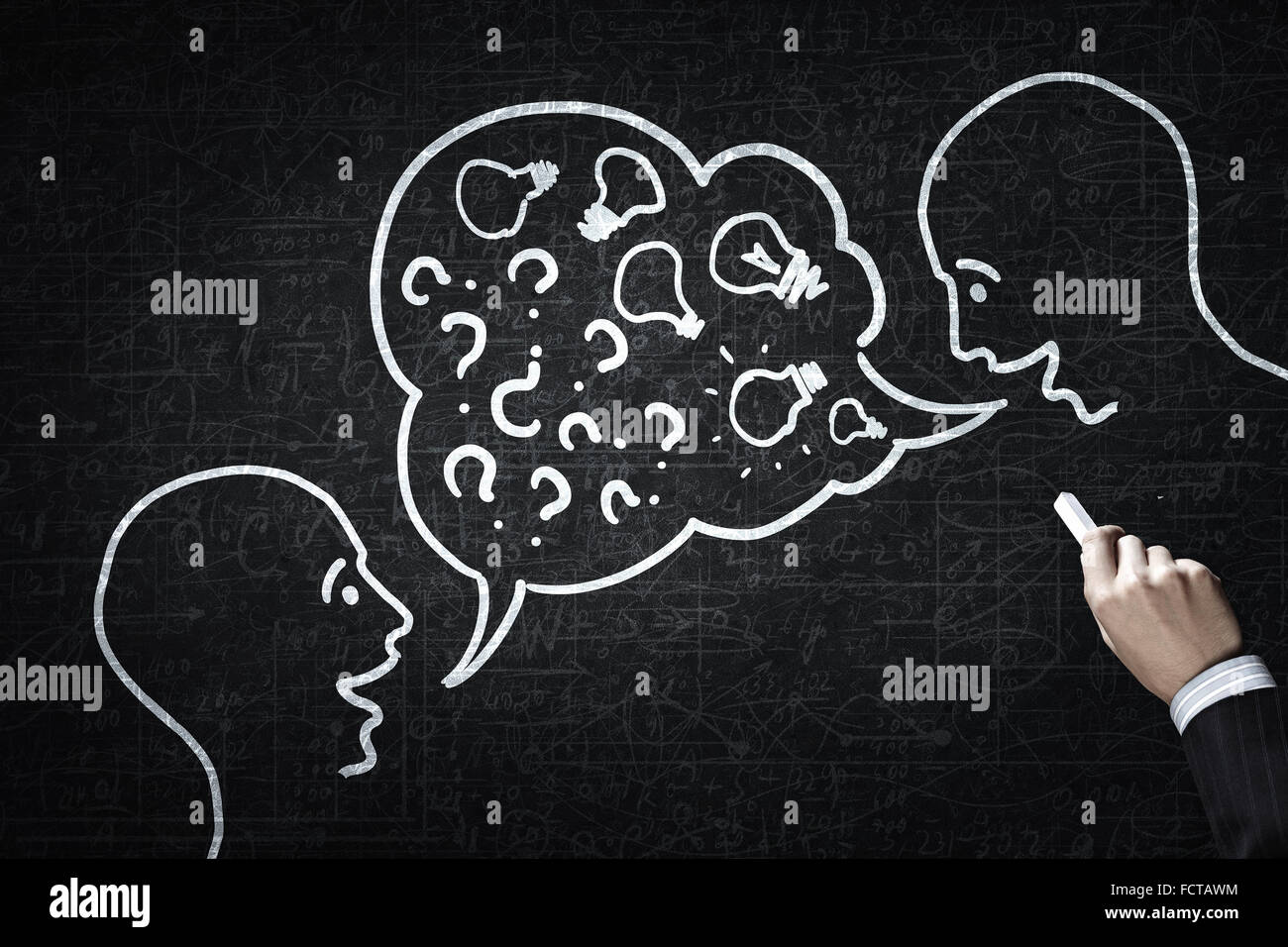 Close up of hand drawing dialogue between two on black wall Stock Photo ...