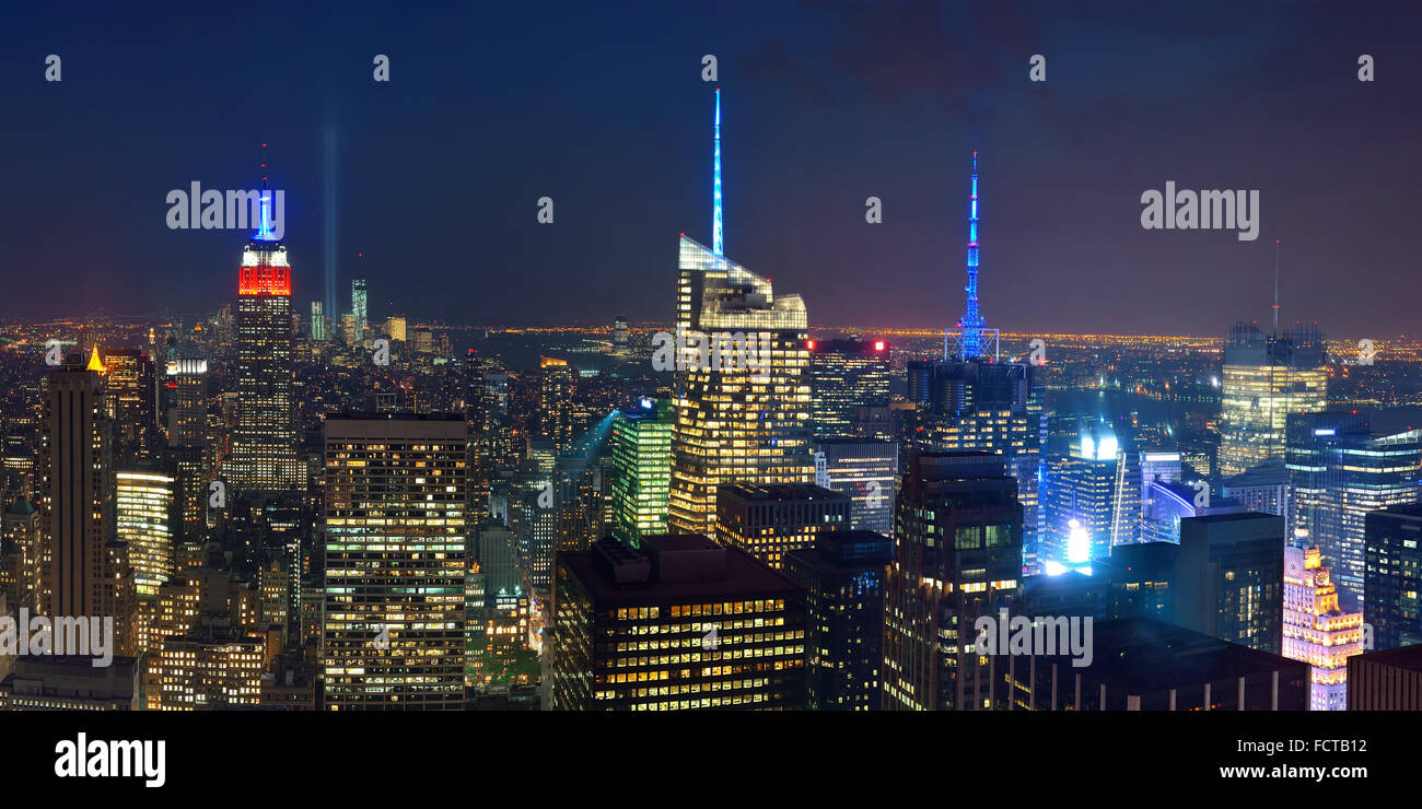 New York City night rooftop view with urban architectures panorama ...