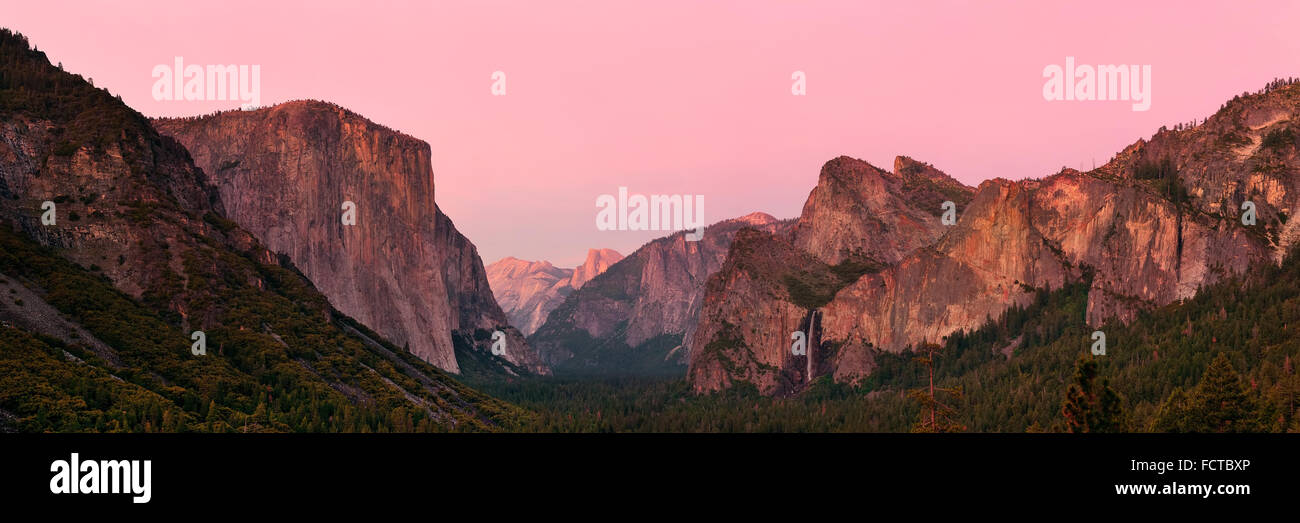 Yosemite Valley at sunset with mountains and waterfalls panorama Stock ...