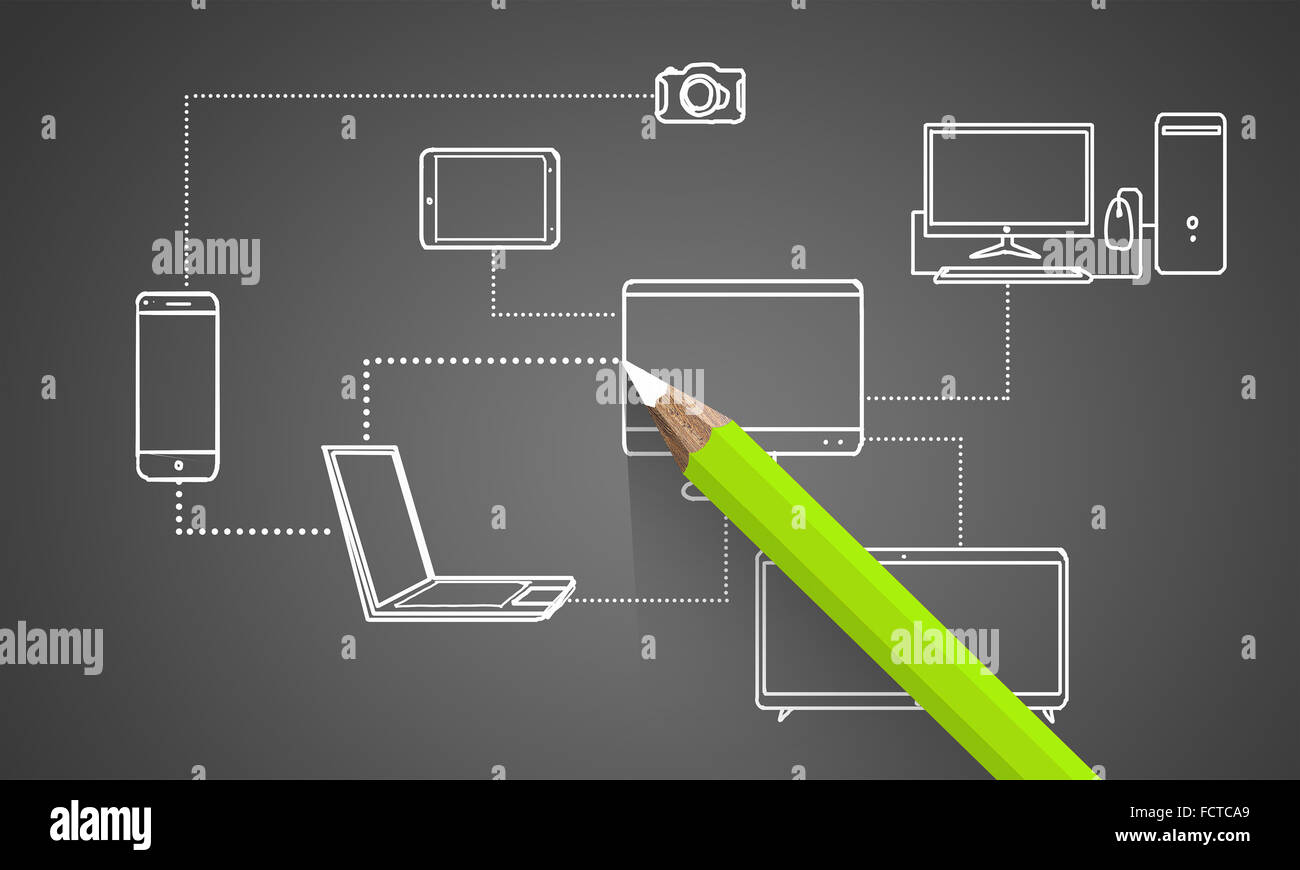 Pencil drawing connection lines between office devices Stock Photo - Alamy