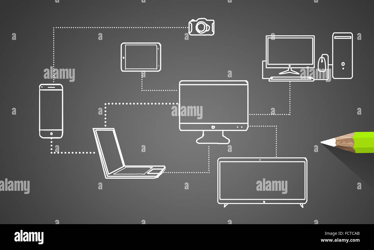Pencil drawing connection lines between office devices Stock Photo - Alamy