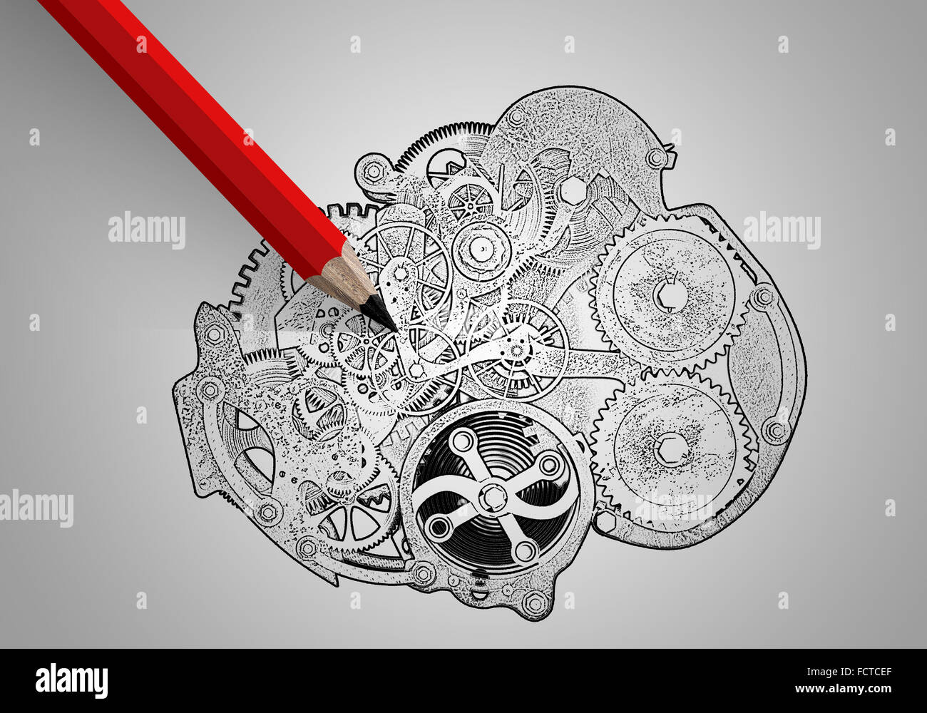 Pencil and drawn sketches of gears mechanism Stock Photo - Alamy