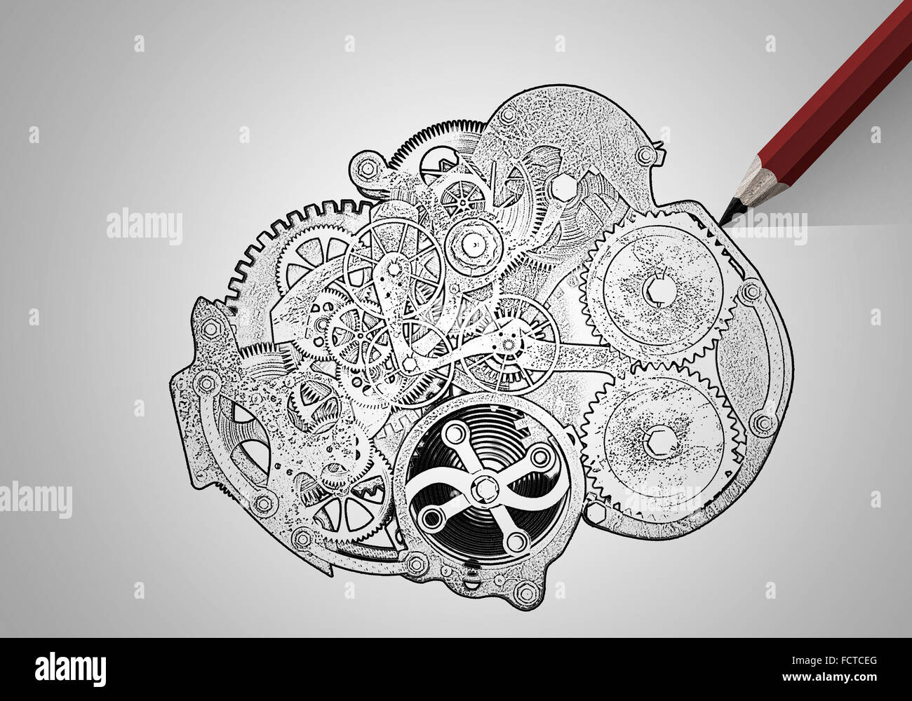 Pencil and drawn sketches of gears mechanism Stock Photo - Alamy