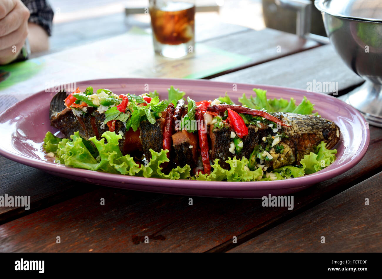 Snake-head fish Deep Fried serve with Herb and Spicy Sauce at ...