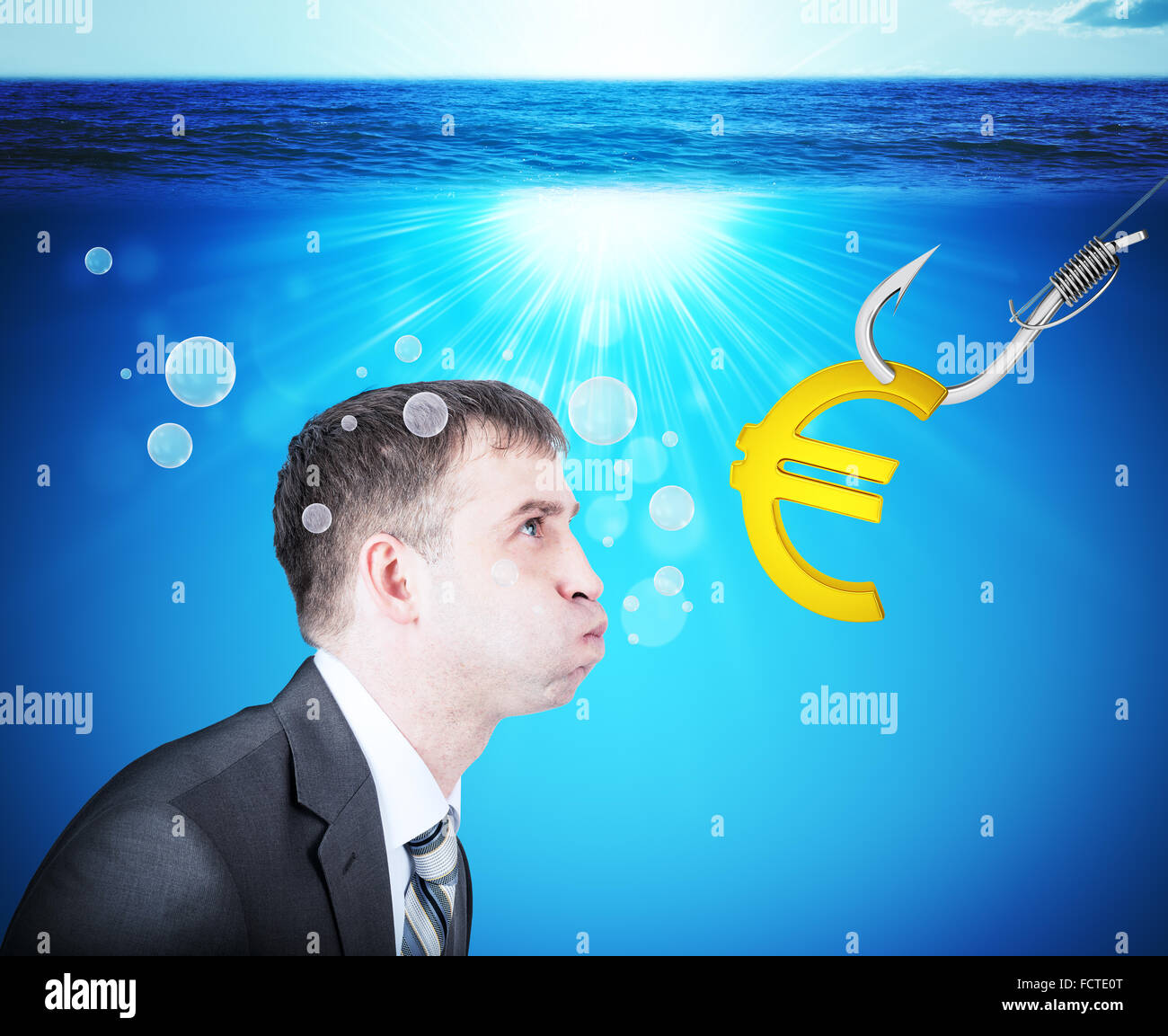 Businessman with inflated cheeks under water Stock Photo - Alamy