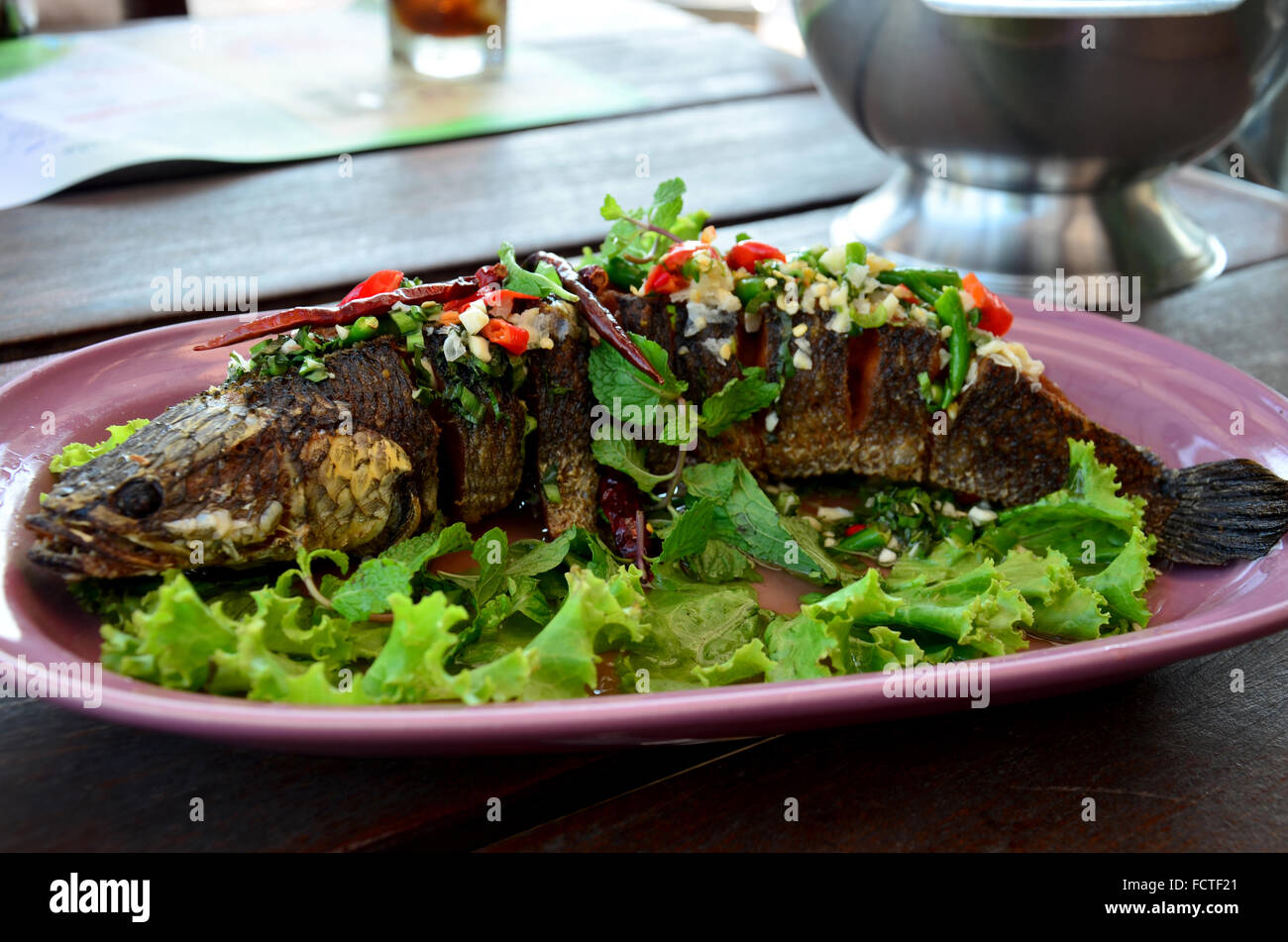 Snake-head fish Deep Fried serve with Herb and Spicy Sauce at ...