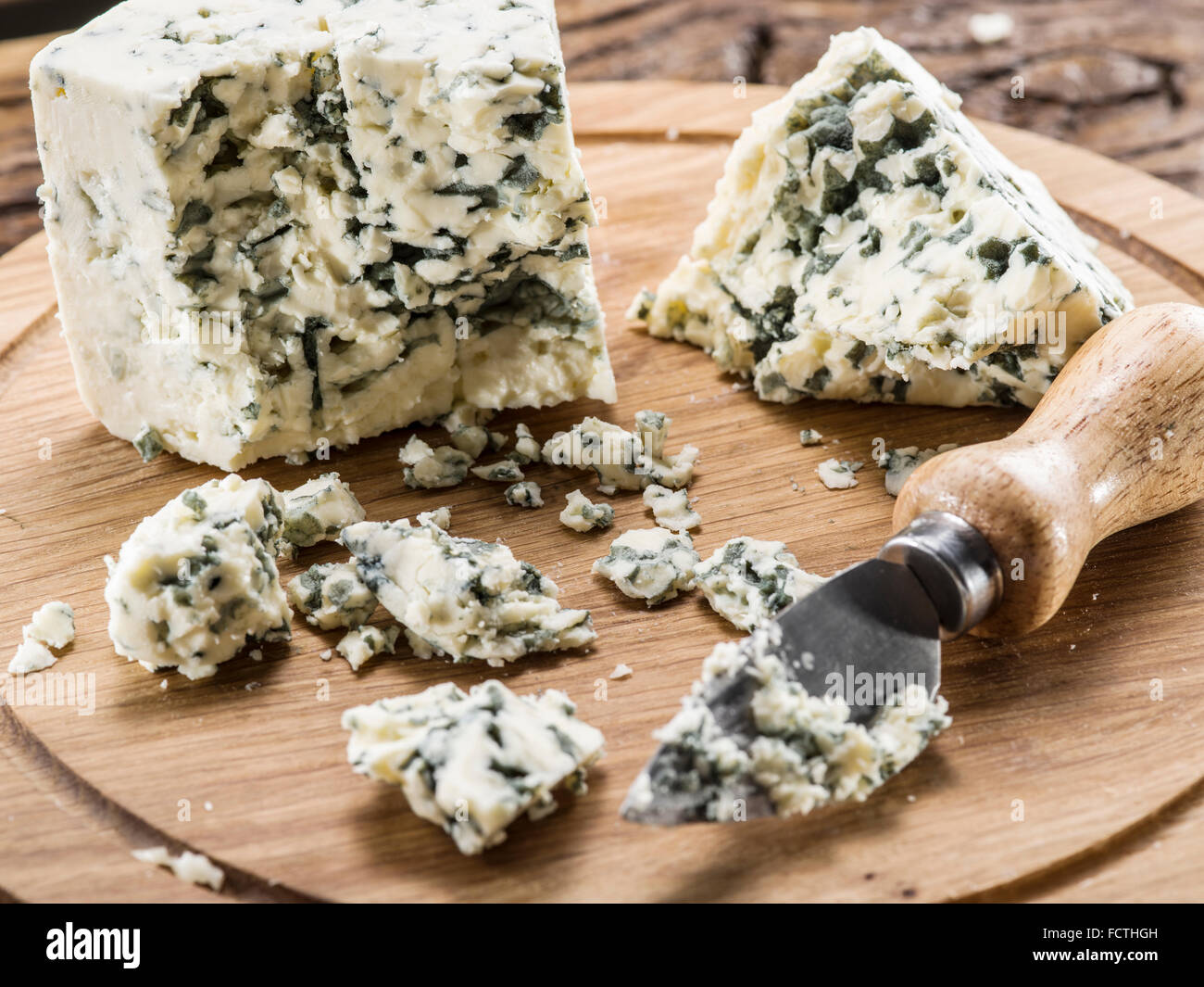 Danish blue cheese on a wooden board Stock Photo - Alamy