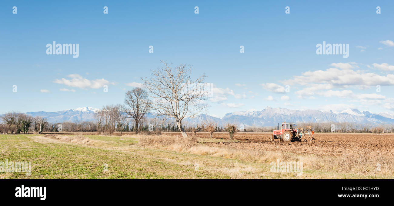 Agricultural landscape. With tractor plowing a field. The mountains in ...