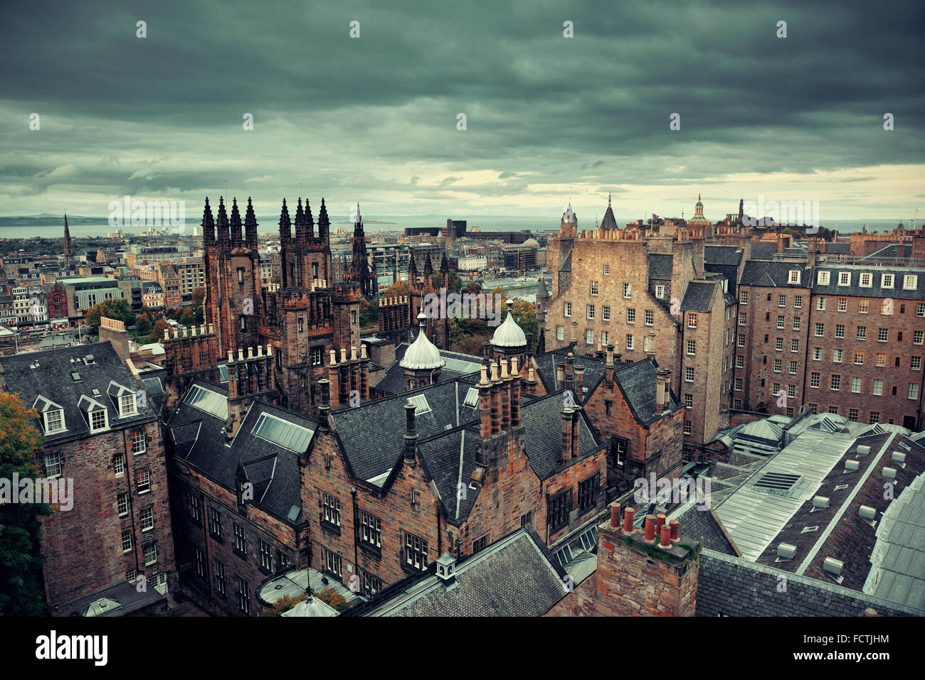 Edinburgh city rooftop view with historical architectures. United ...