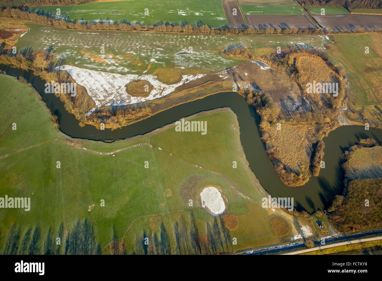 Aerial view, Lippe-Auen with snowy tributary, lake, Pont, Lippe meander ...