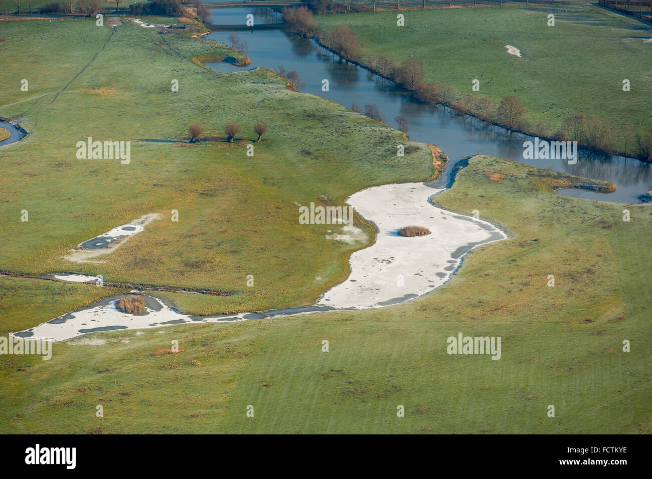 Aerial view, Lippe-Auen with snowy tributary, lake, Pont, Lippe meander ...