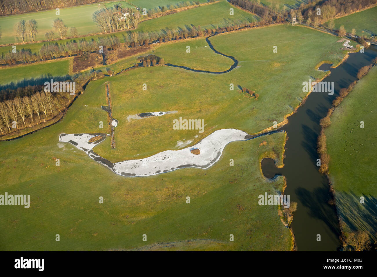 Aerial view, Lippe-Auen with snowy tributary, lake, Pont, Lippe meander ...