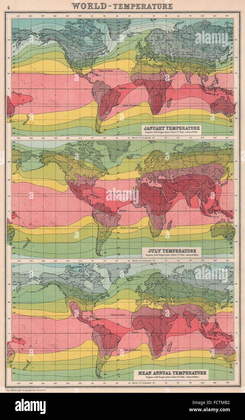 WORLD-TEMPERATURE: January July & Mean Annual. BARTHOLOMEW, 1924 ...