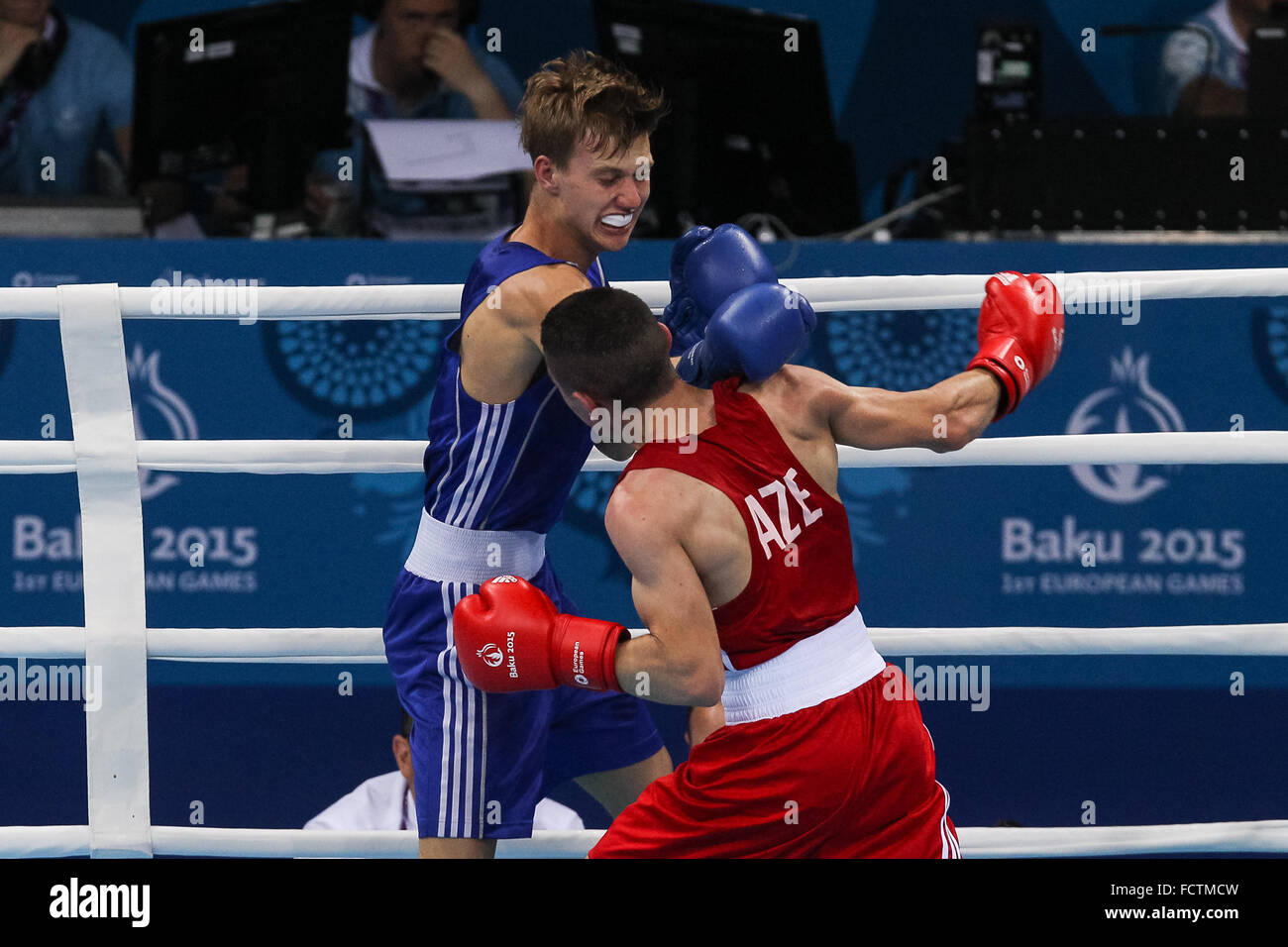 Frederik Jensen (DEN, blue) and Tayfur Aliyev (AZE, red). Men's Bantam ...