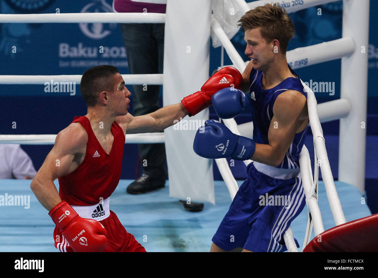 Frederik Jensen (DEN, blue) and Tayfur Aliyev (AZE, red). Men's Bantam ...