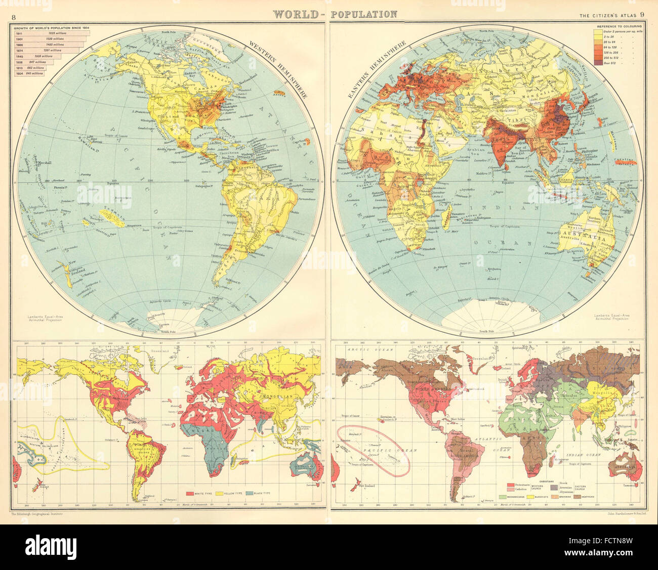 WORLD-POPULATION: Races & Religions. BARTHOLOMEW, 1924 vintage map ...