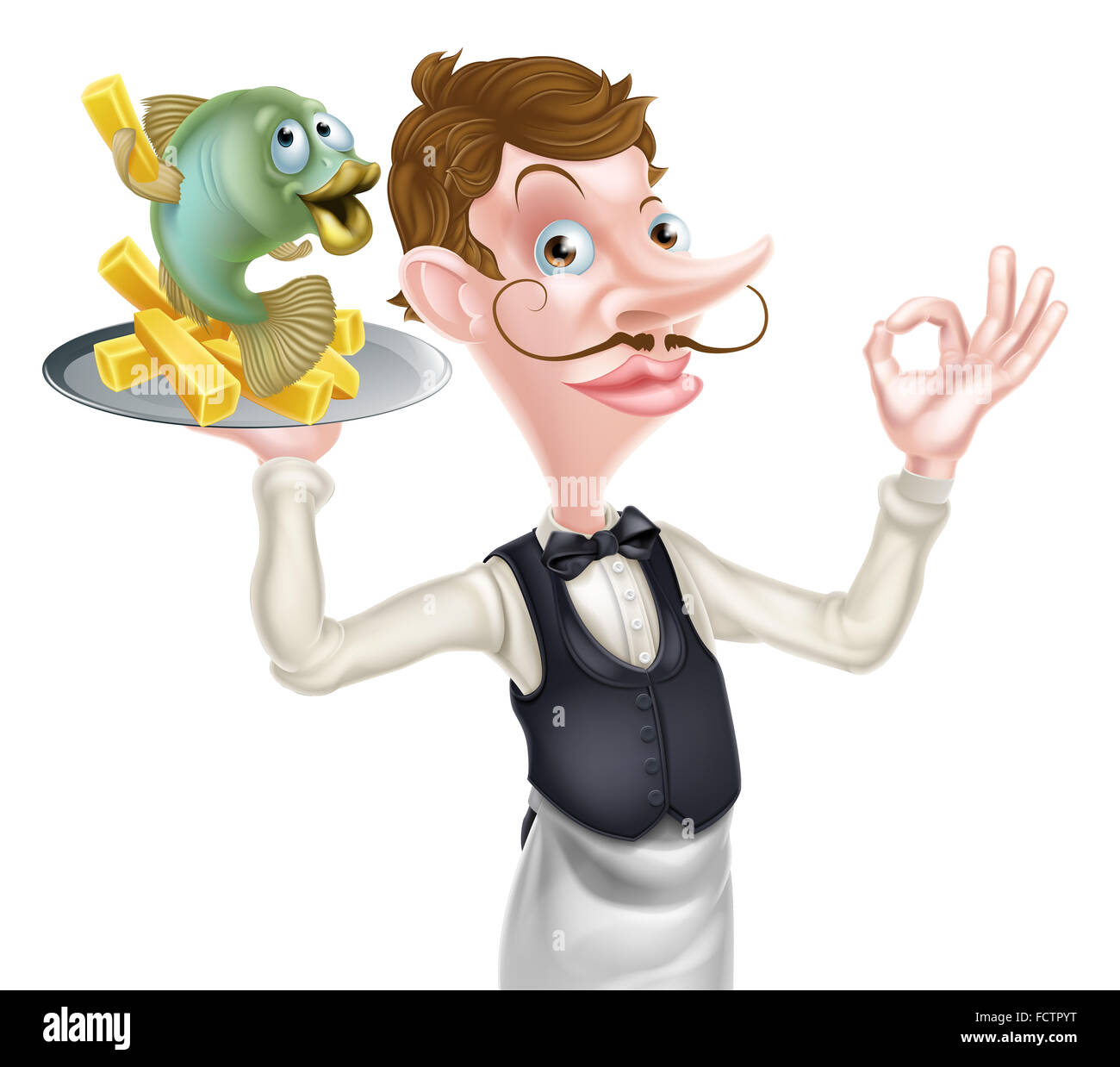 An Illustration of a Cartoon Waiter Butler Fish and Chips Stock Photo ...