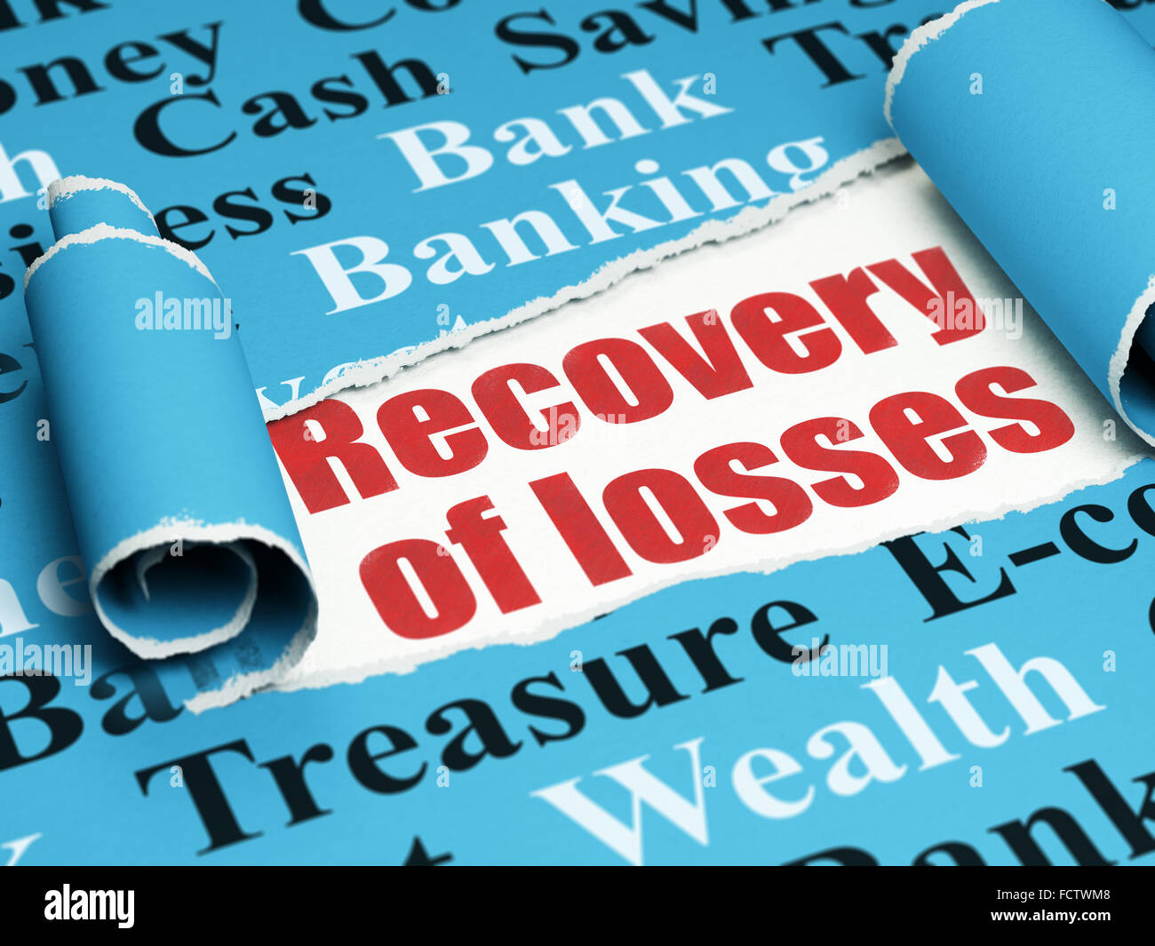 Currency concept: red text Recovery Of losses under the piece of torn ...