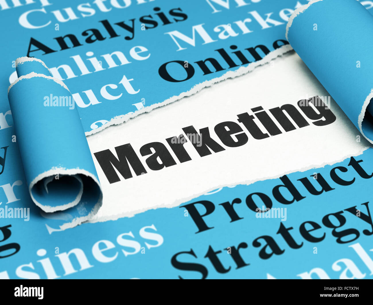 Advertising concept: black text Marketing under the piece of torn paper ...