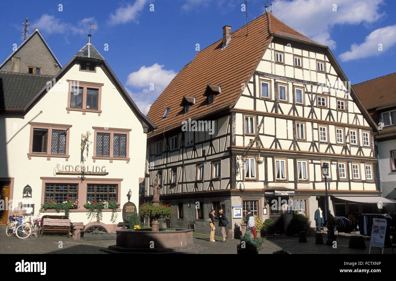 DEU, Germany, Bavaria, Lohr at the river Main, houses at the townhall ...