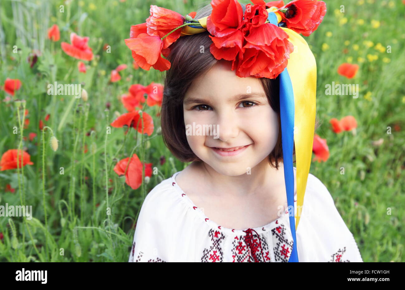 Girl on Meadow in Wreath with Yellow and Blue (Ukrainian Flag Colors ...