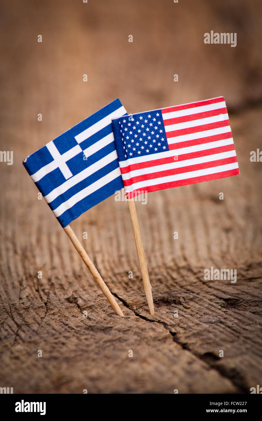 Flags of Greece and USA on wooden background Stock Photo - Alamy
