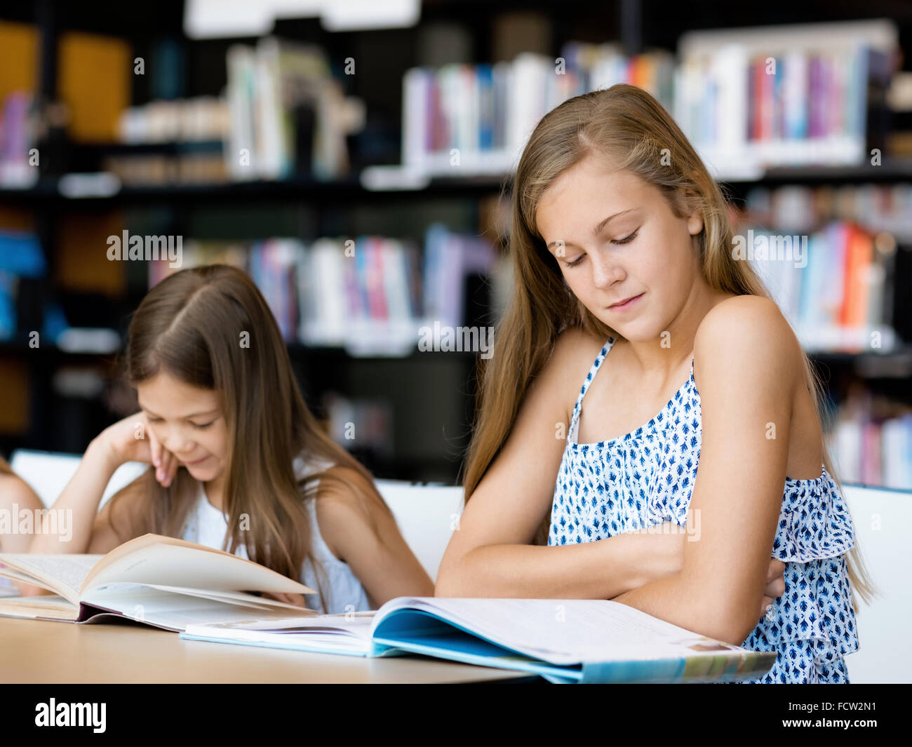 Little girls reading books in library Stock Photo - Alamy