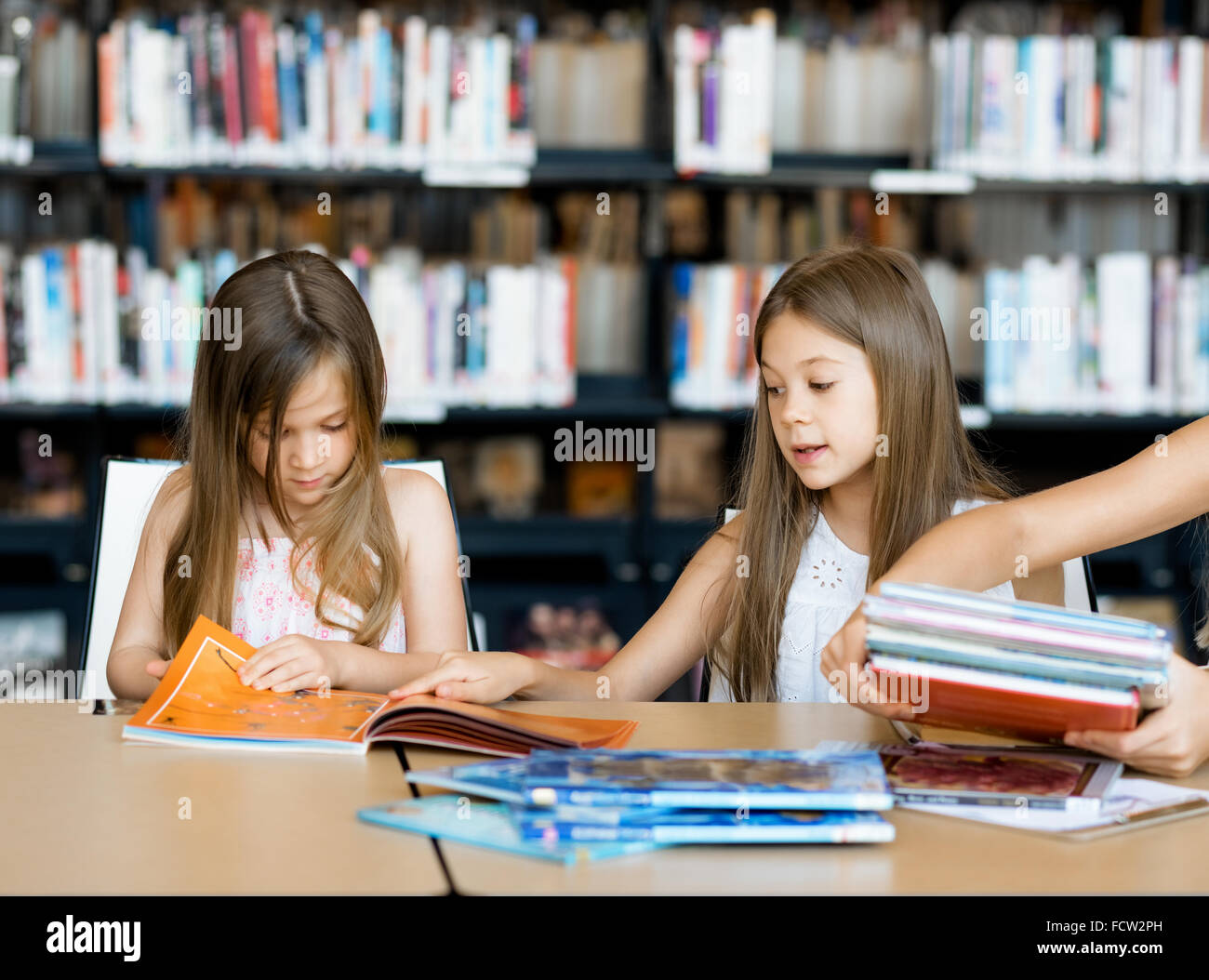 Little girls reading books in library Stock Photo - Alamy