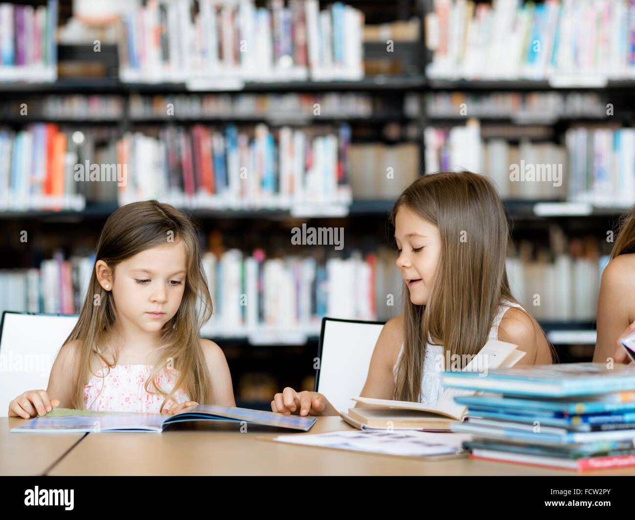 Little girls reading books in library Stock Photo - Alamy