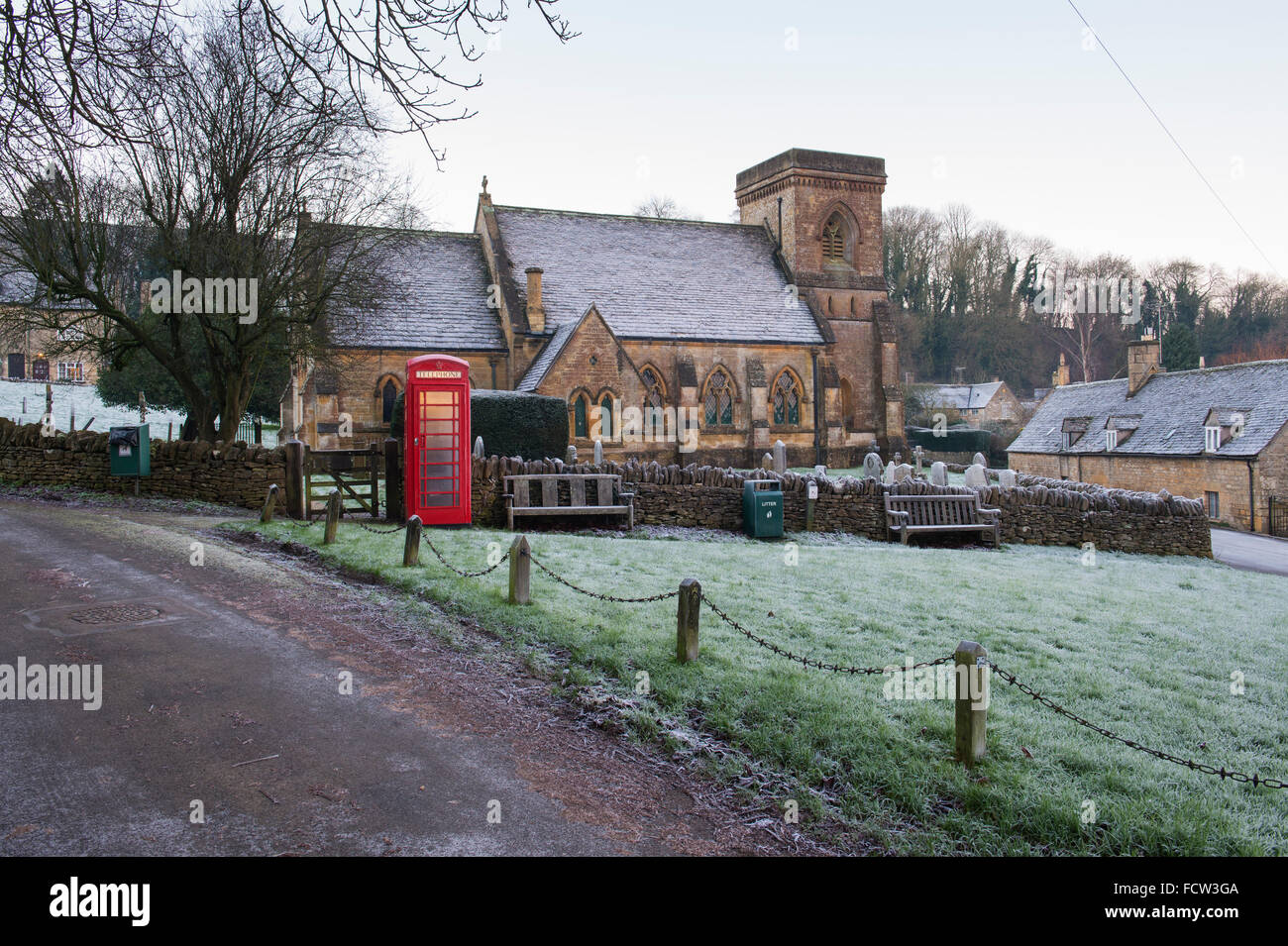 Early morning winter frost in the village of Snowshill Cotswolds ...