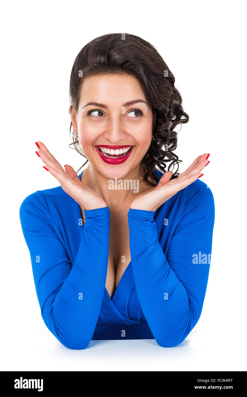 Portrait of a beautiful cheerful woman on a white background Stock ...