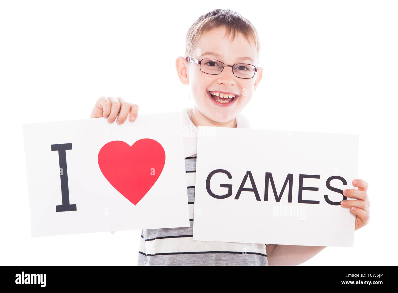 Happy boy with sign Stock Photo - Alamy