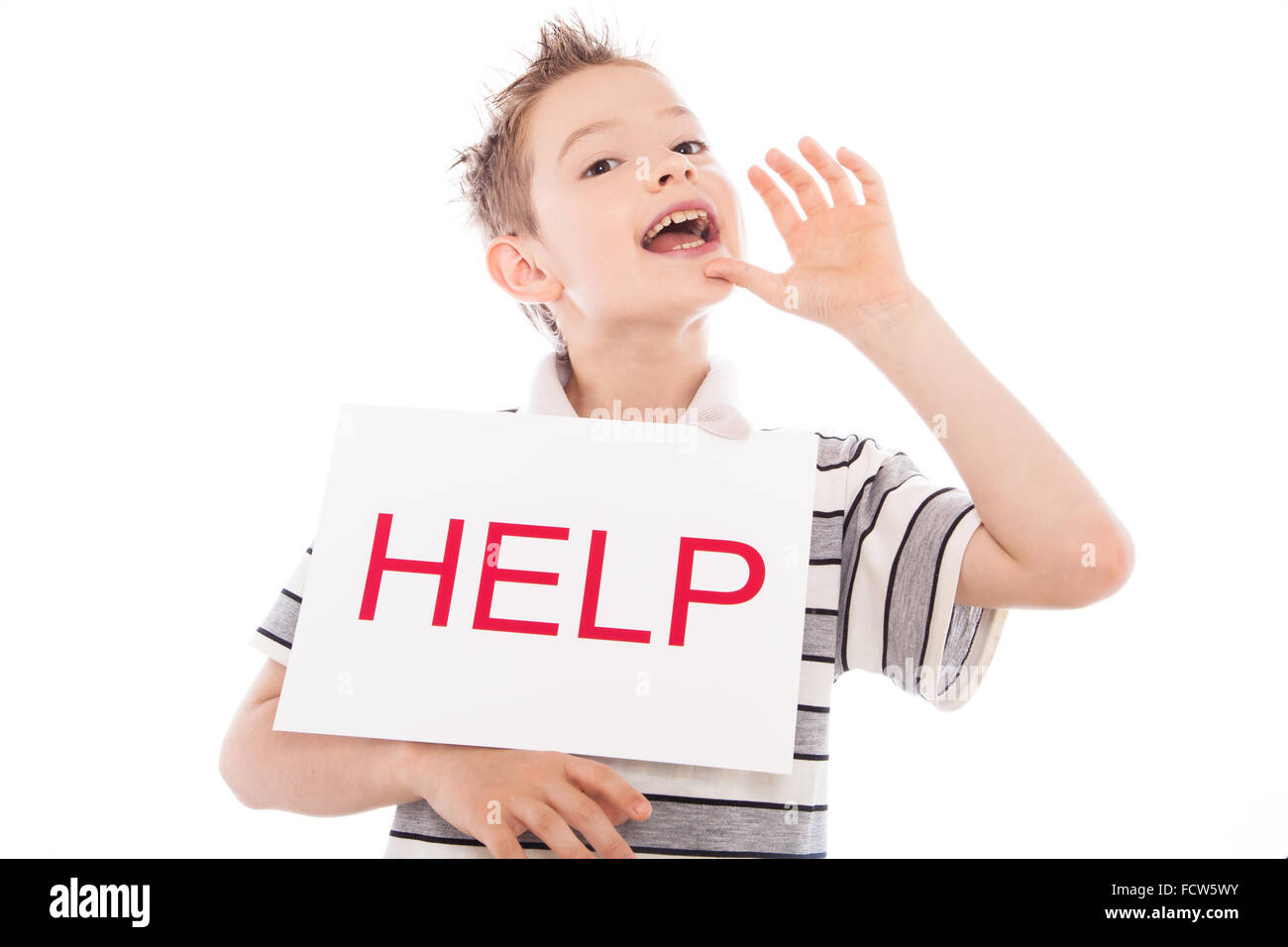 Happy boy with help sign Stock Photo - Alamy