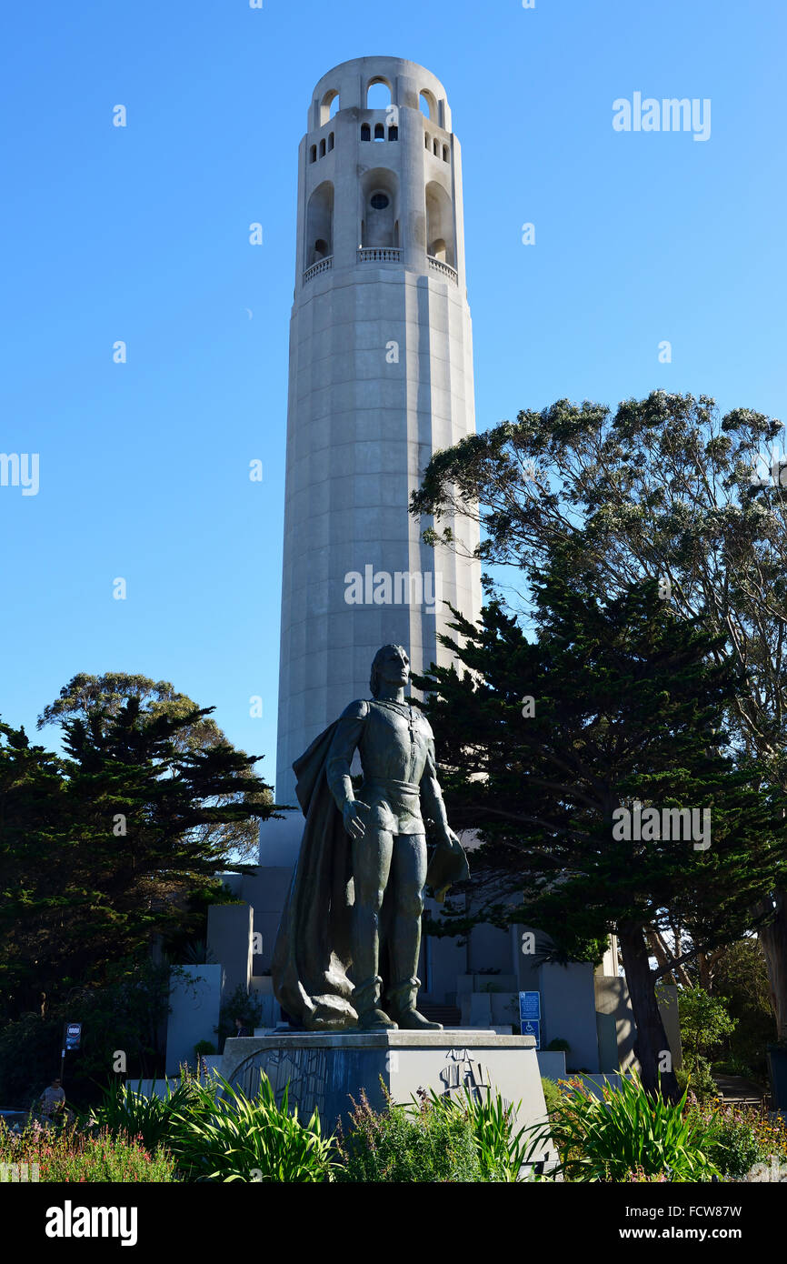 Statue of Christopher Columbus in front of Coit Tower on Telegraph Hill ...