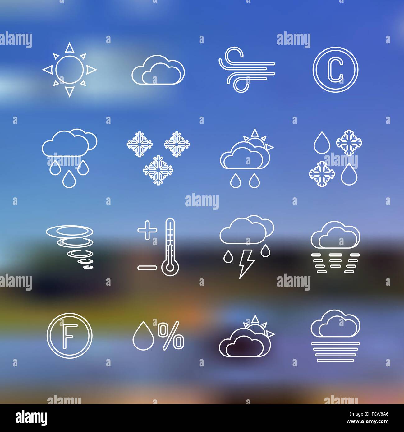 vector white outline weather forecast icons collection sun rain wind temperature Celsius ...