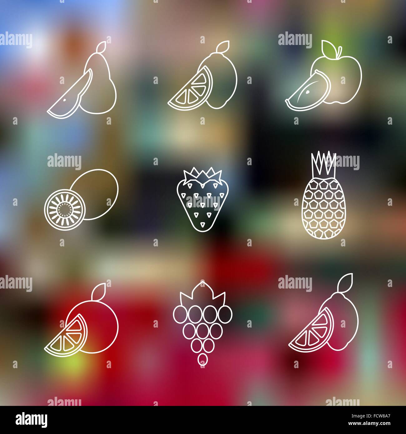 vector white color outline style various fruits icons set on blurred ...