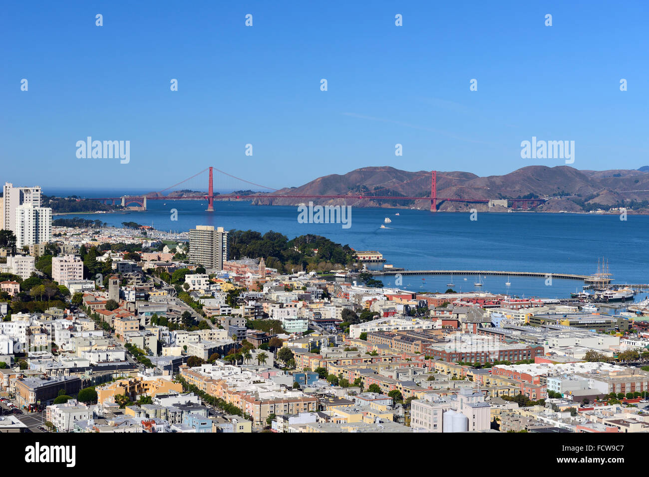 Elevated view of North Bay Area and Golden Gate Bridge from Coit Tower ...