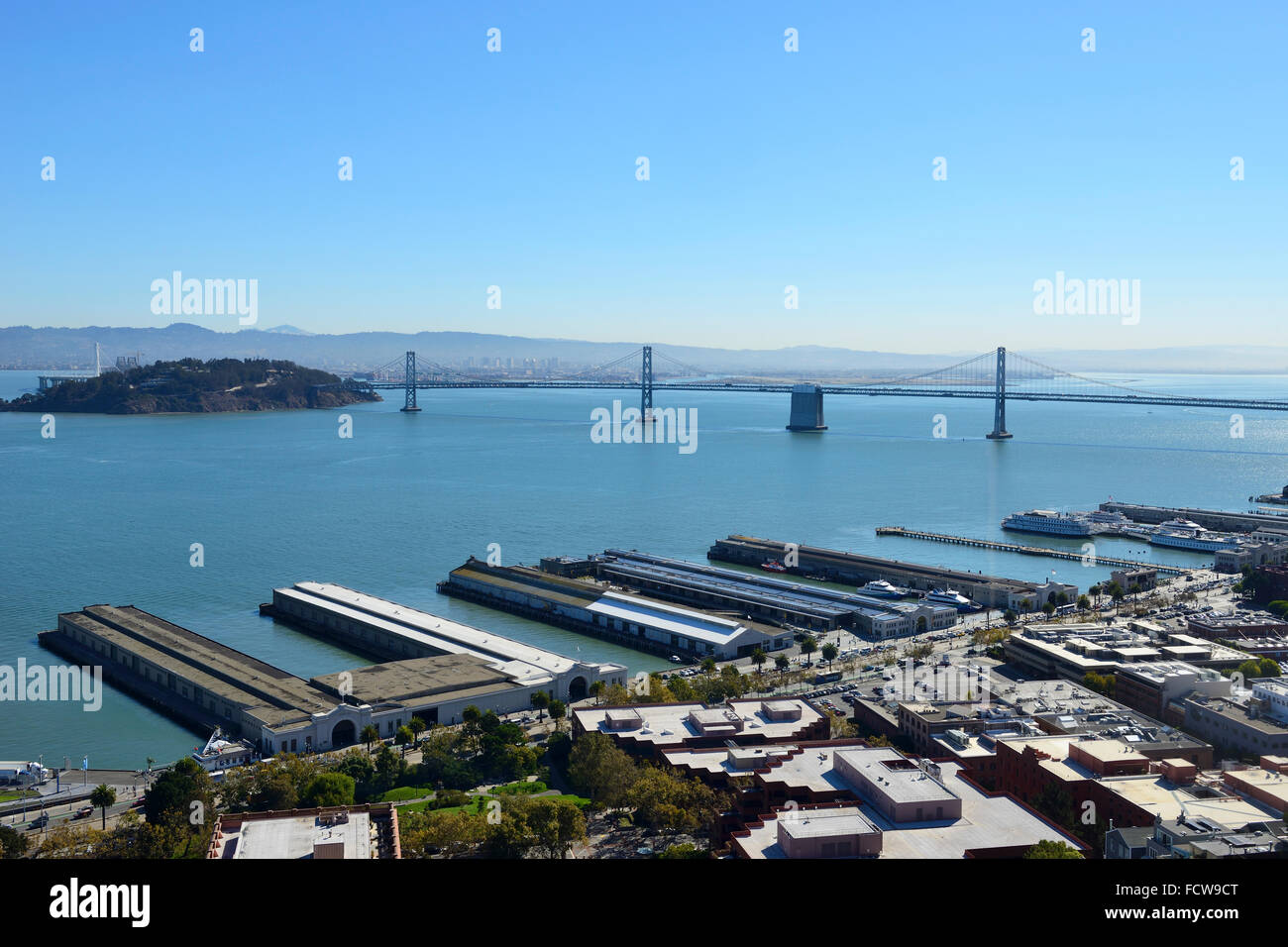 Elevated view of Bay Bridge and Ferry Terminals from Coit Tower on ...